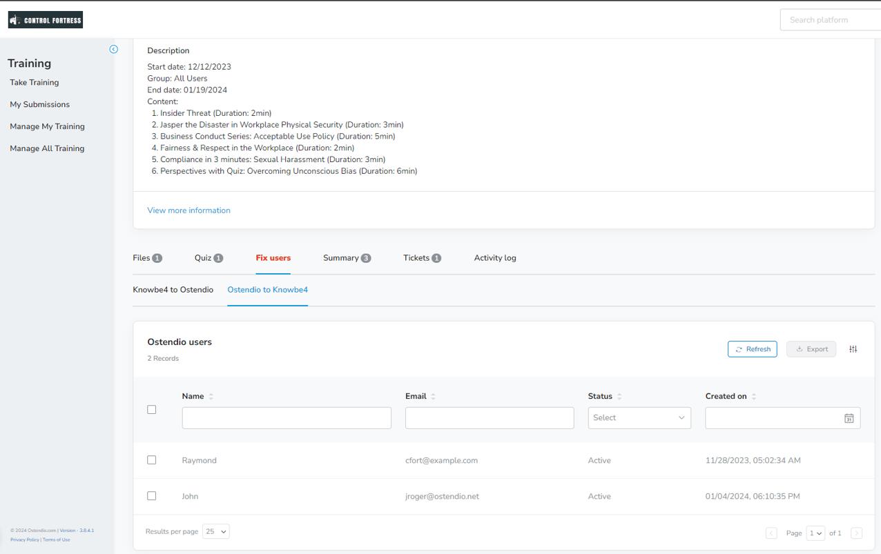Manage and track KnowBe4 Training in Ostendio’s Training Module